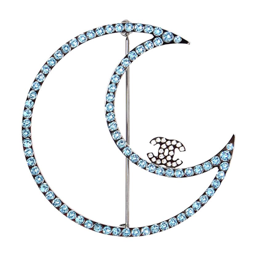 Chanel Blue and Silver Crystal Moon CC Brooch at 1stDibs | chanel moon ...