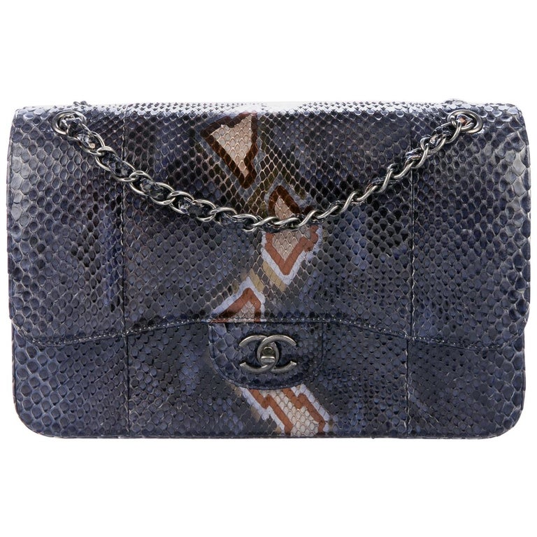 Chanel Blue Snakeskin Exotic Leather Large Evening Shoulder Flap Bag at ...