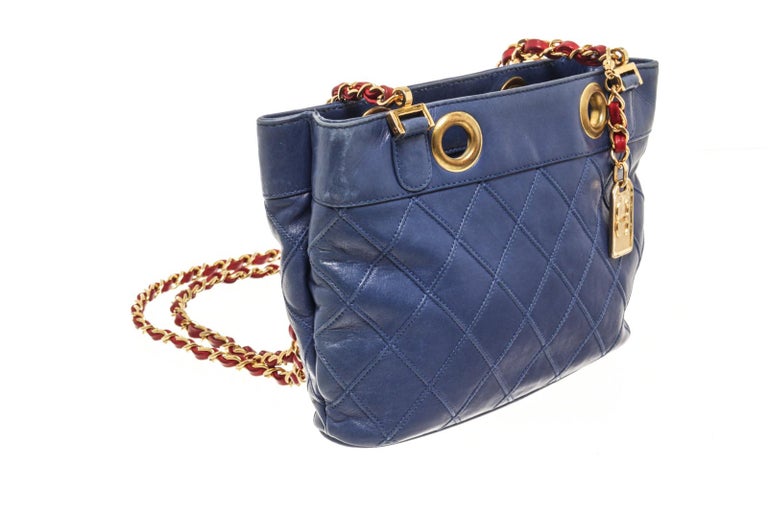 Chanel Blue Stitch Leather Chain Bucket Shoulder Bag at 1stDibs