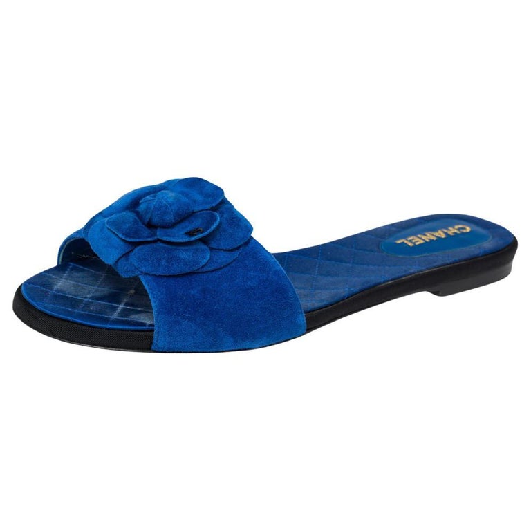 Chanel Blue Suede Camellia Flat Sandals Size 39 at 1stDibs