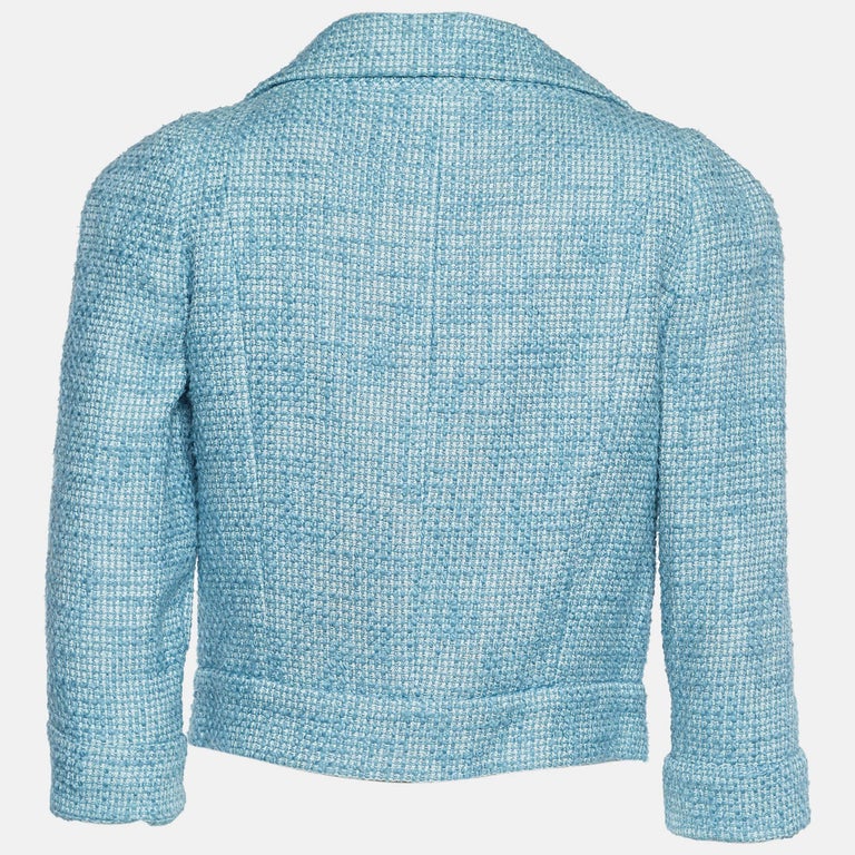 Chanel Blue Tweed Cropped Jacket S For Sale at 1stDibs