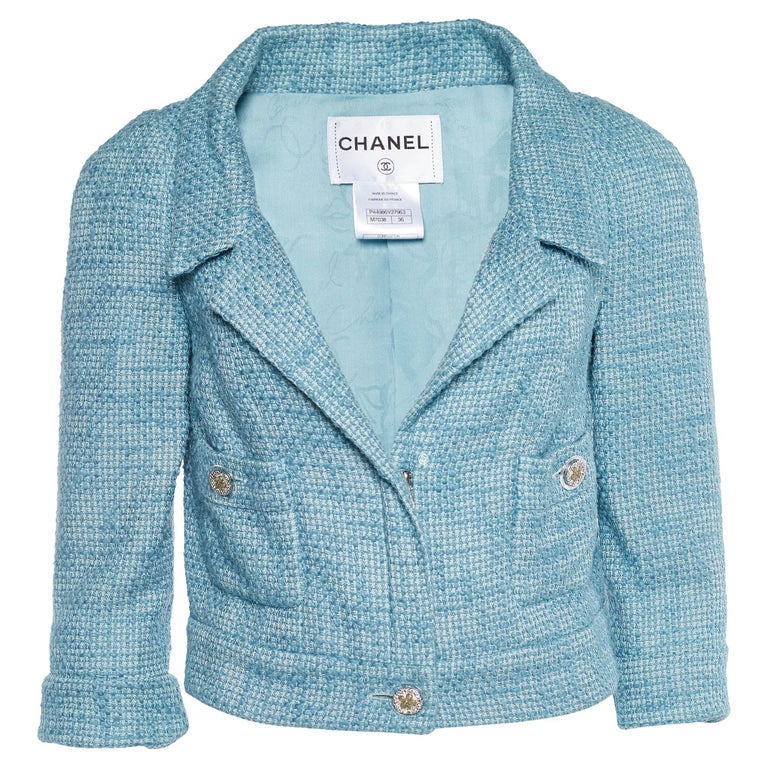 Chanel Blue Tweed Cropped Jacket S For Sale at 1stDibs