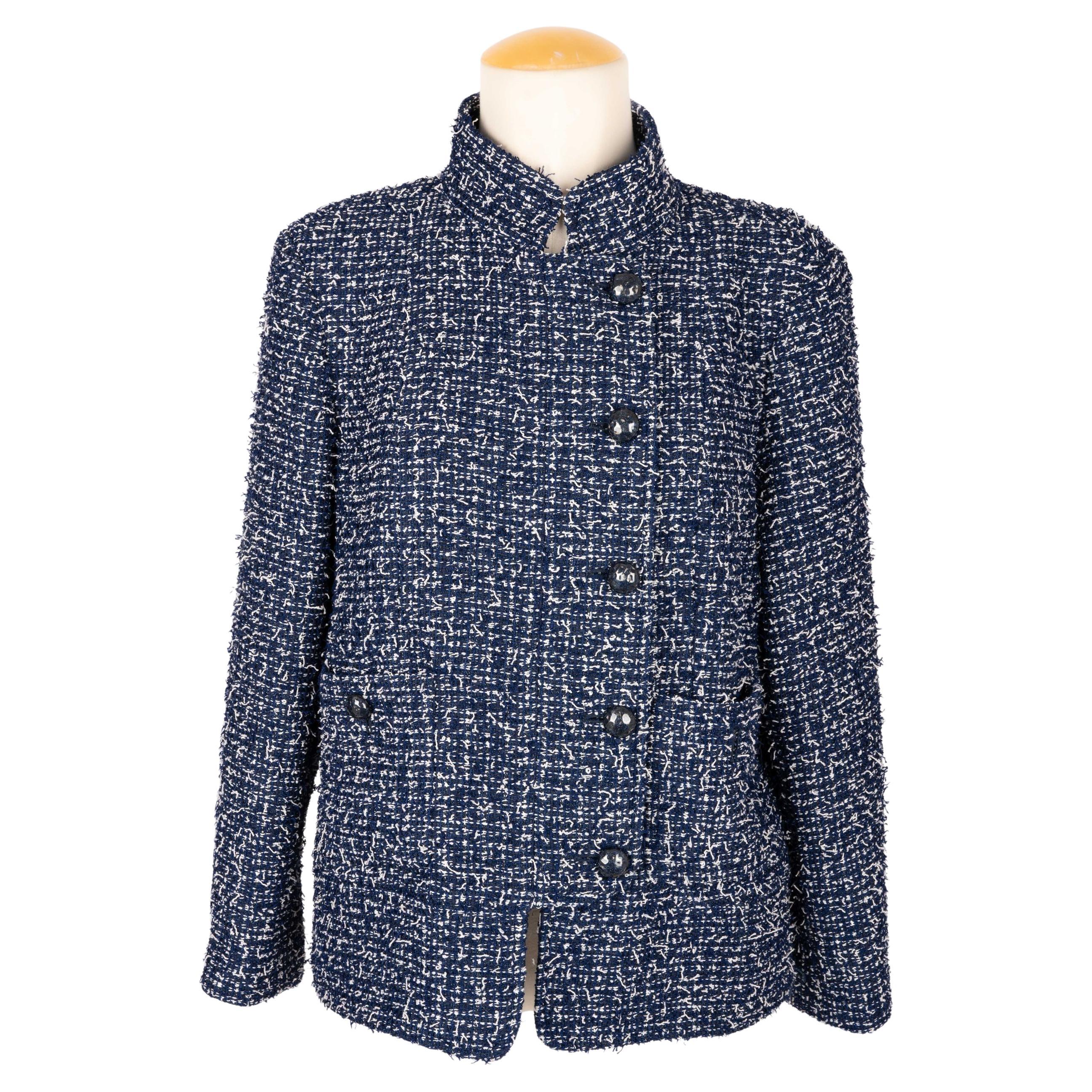 Chanel Blue Tweed Jacket with Blue Enamel Metal Buttons For Sale at 1stDibs