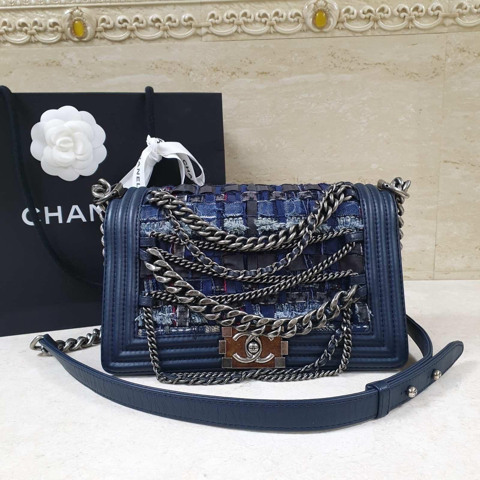 Chanel Blue Tweed Leather Enchained Medium Boy Shouder Bag at 1stDibs