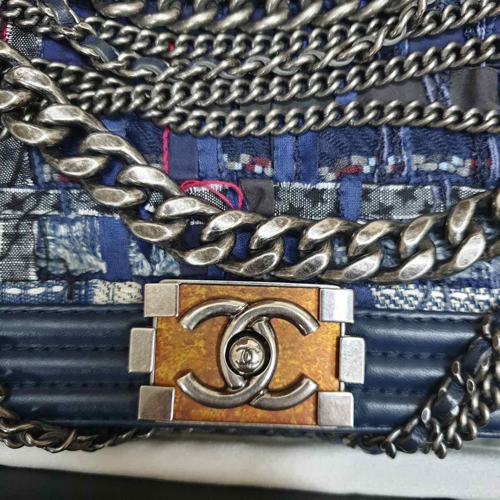 Chanel Blue Tweed Leather Enchained Medium Boy Shouder Bag at 1stDibs
