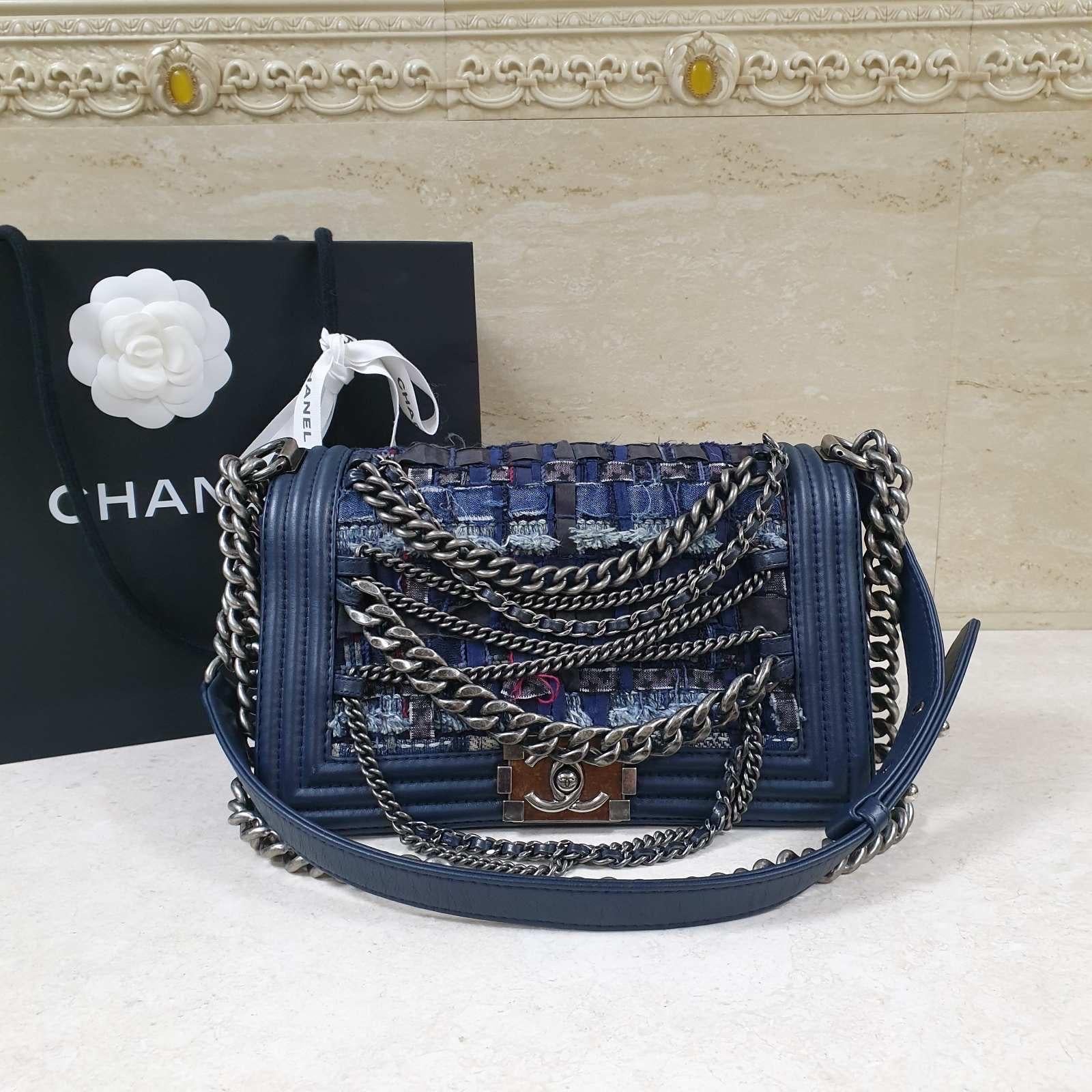 Chanel Blue Tweed Leather Enchained Medium Boy Shouder Bag at 1stDibs