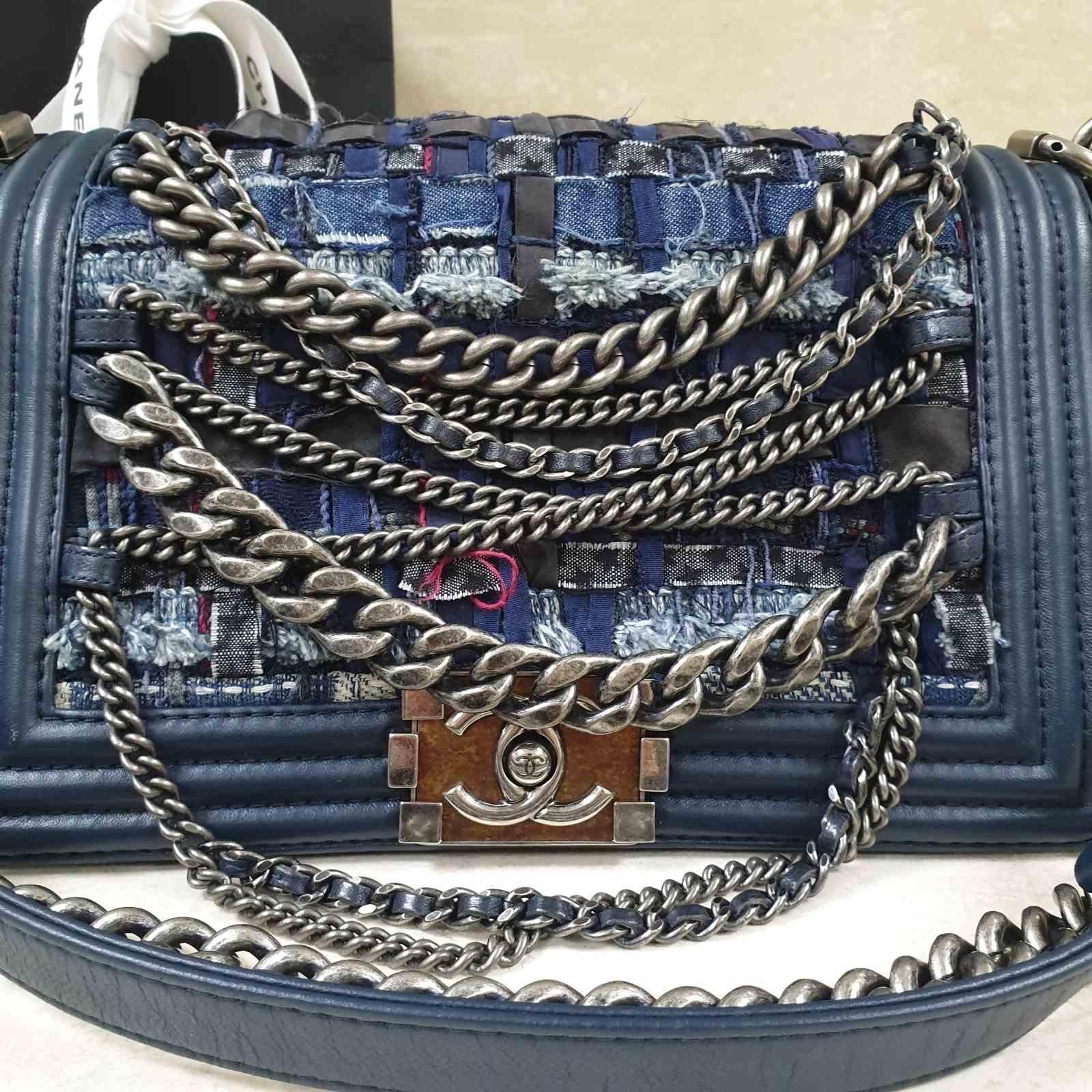 Chanel Blue Tweed Leather Enchained Medium Boy Shouder Bag at 1stDibs
