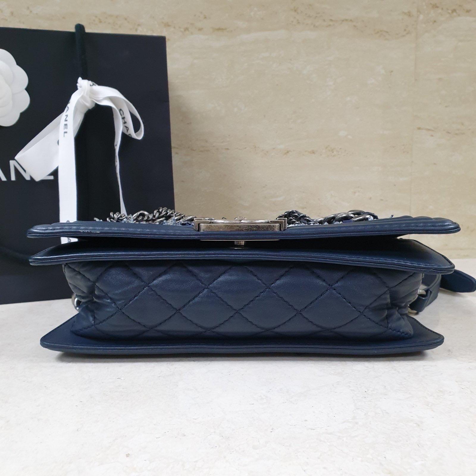 Chanel Blue Tweed Leather Enchained Medium Boy Shouder Bag at 1stDibs