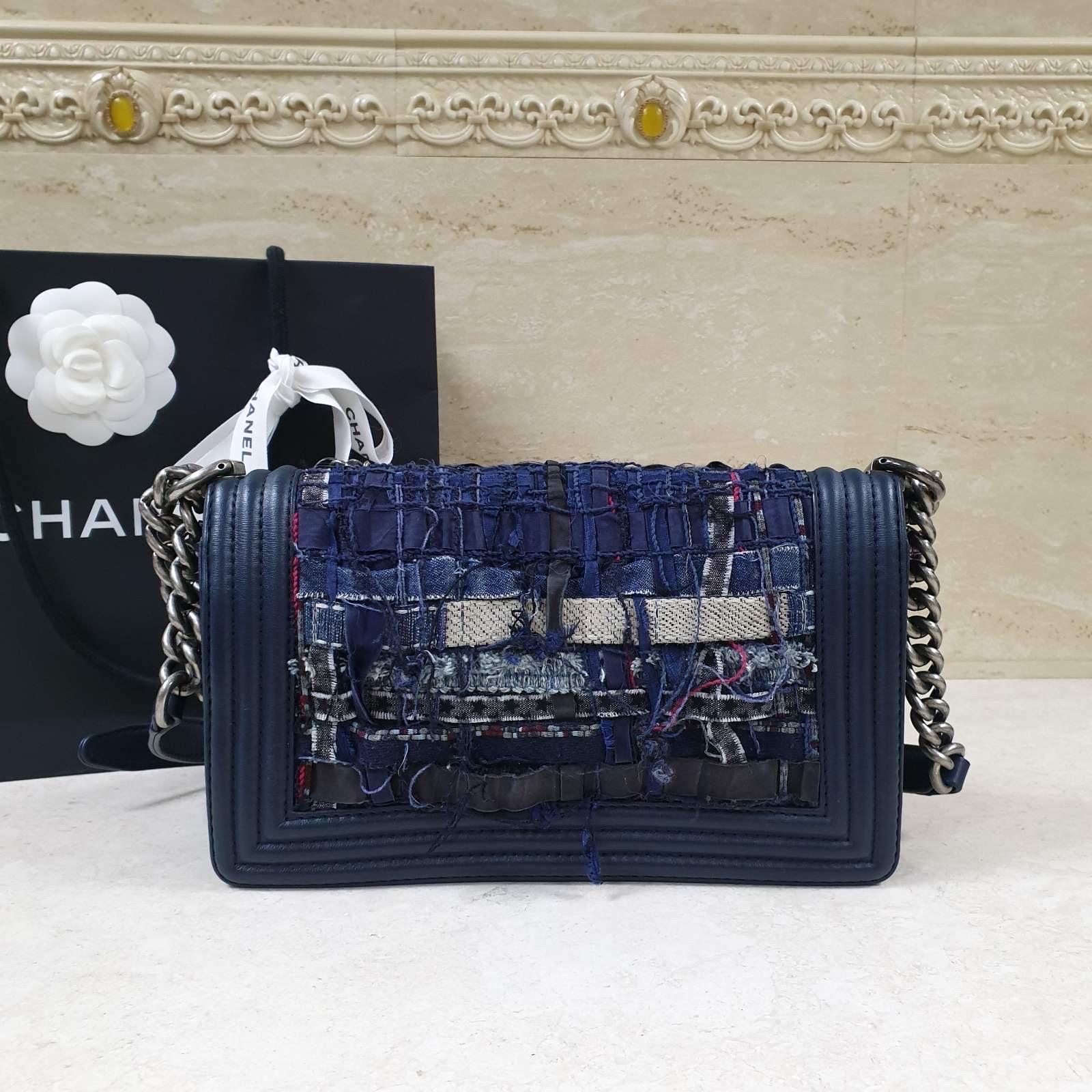 Chanel Blue Tweed Leather Enchained Medium Boy Shouder Bag at 1stDibs