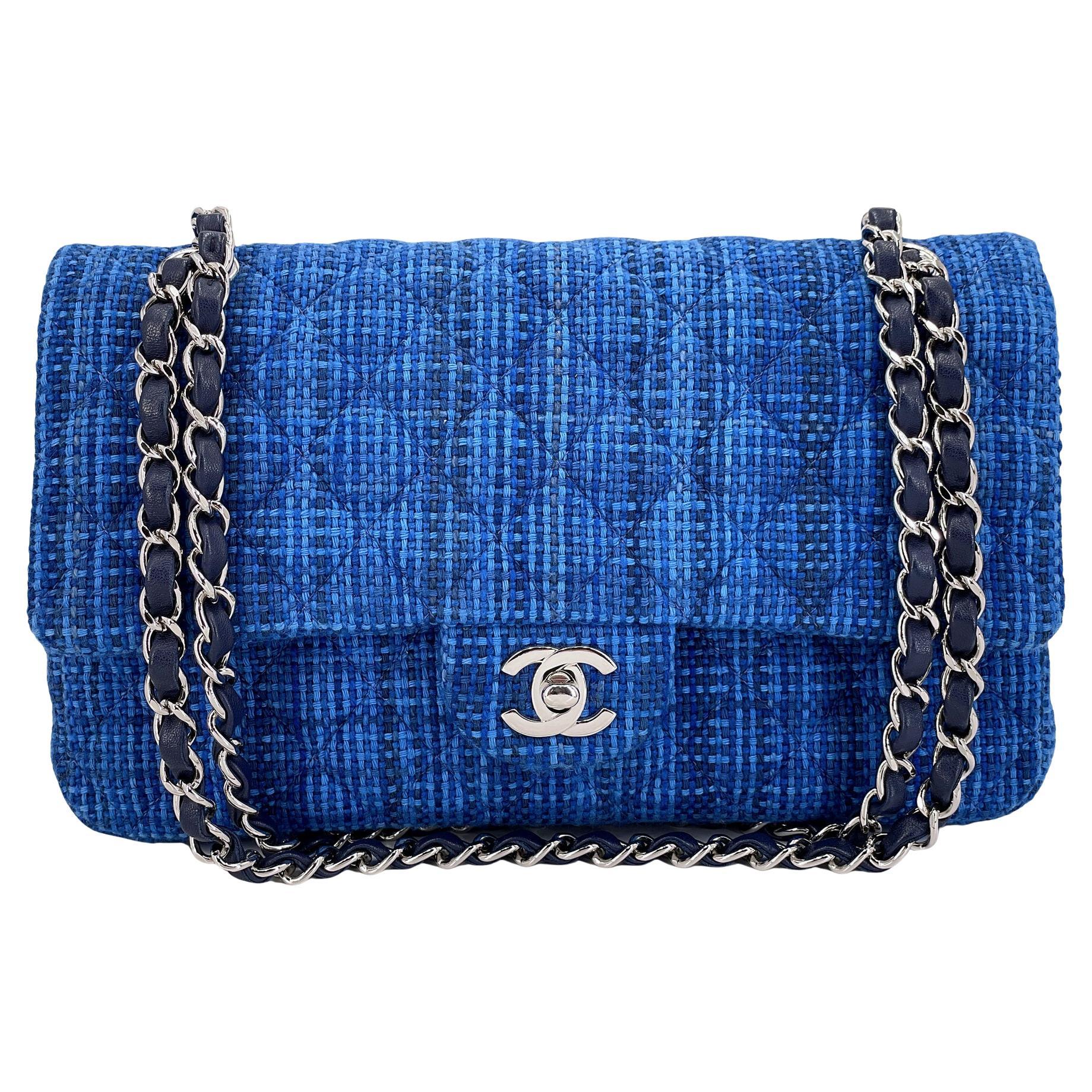 Chanel Blue Tweed Medium Classic Double Flap Bag SHW 68133 For Sale at ...