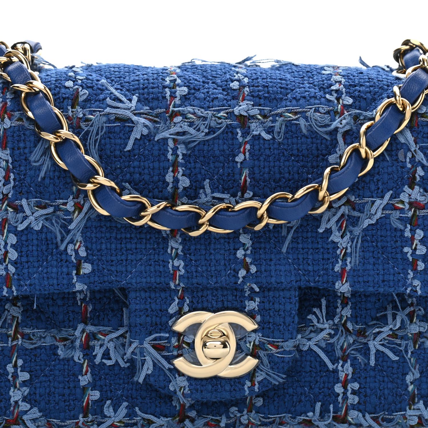 Chanel Blue Tweed Quilted Small Mini Classic Flap Bag For Sale at 1stDibs
