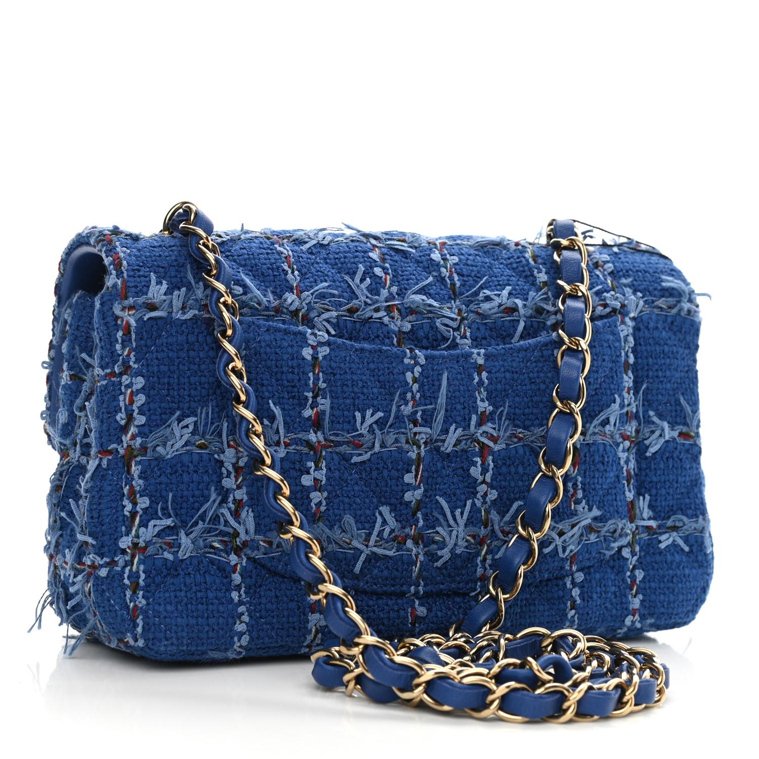 Chanel Blue Tweed Quilted Small Mini Classic Flap Bag For Sale at 1stDibs