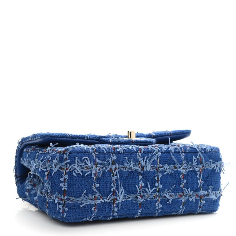Chanel Blue Tweed Quilted Small Mini Classic Flap Bag For Sale at 1stDibs