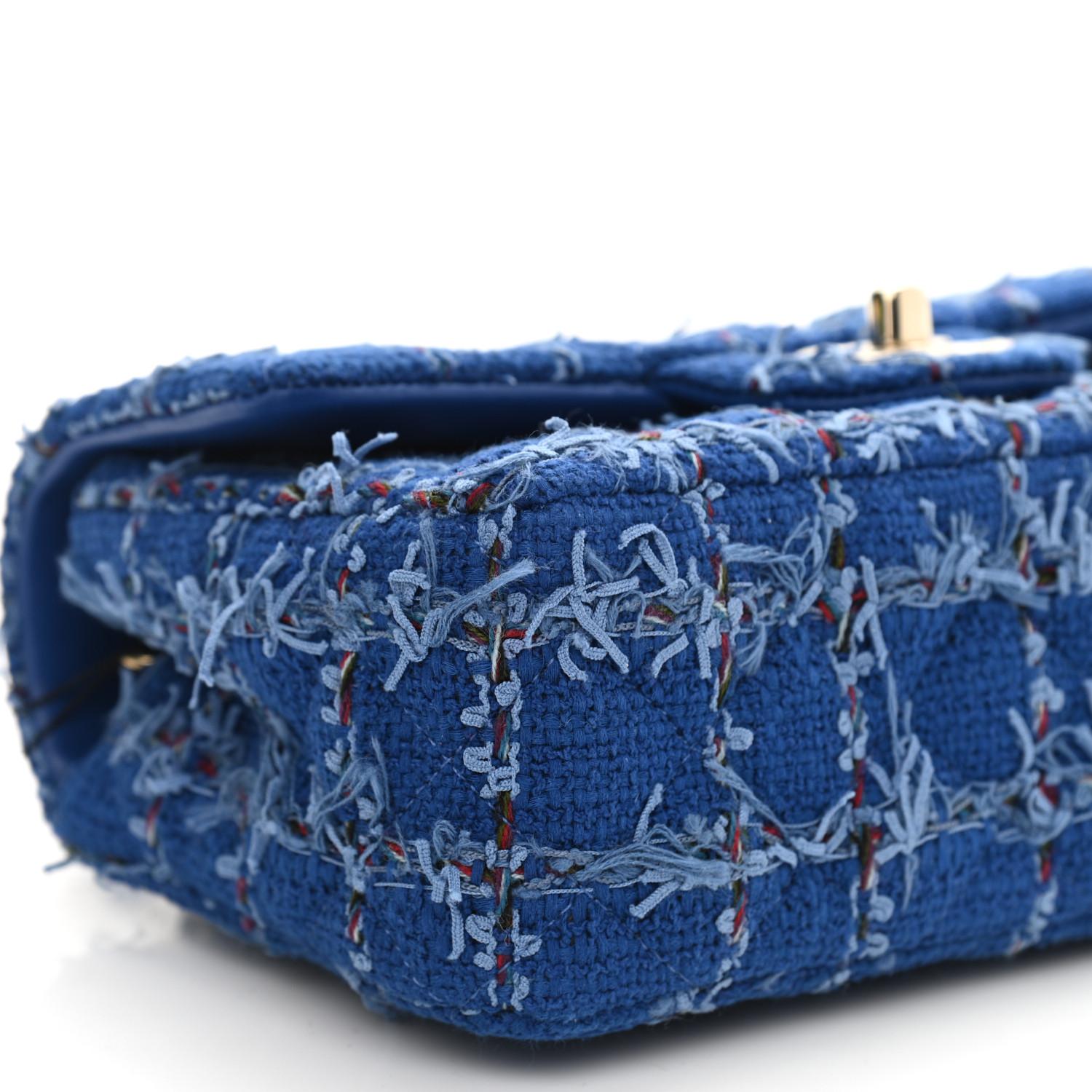 Chanel Blue Tweed Quilted Small Mini Classic Flap Bag For Sale at 1stDibs