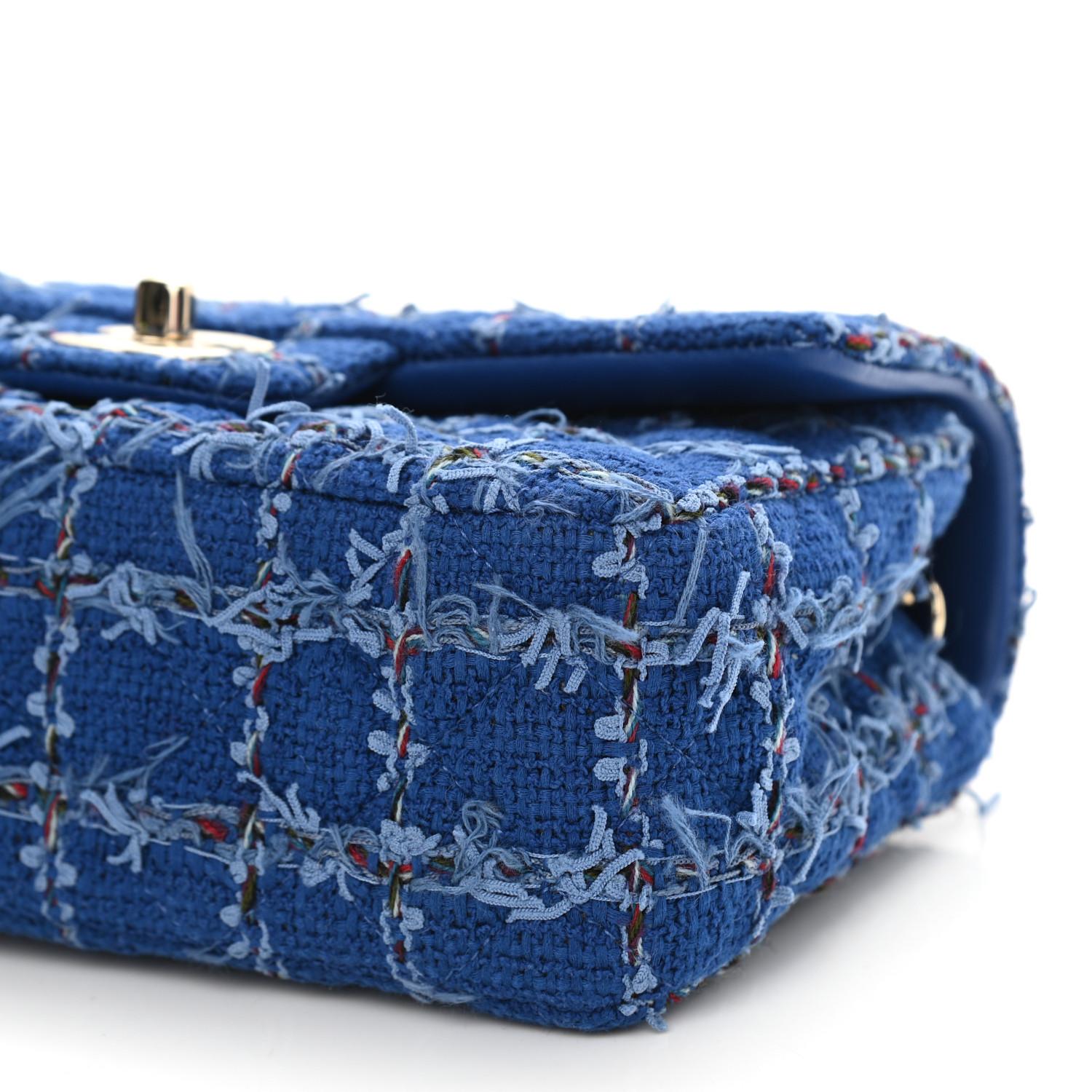 Chanel Blue Tweed Quilted Small Mini Classic Flap Bag For Sale at 1stDibs