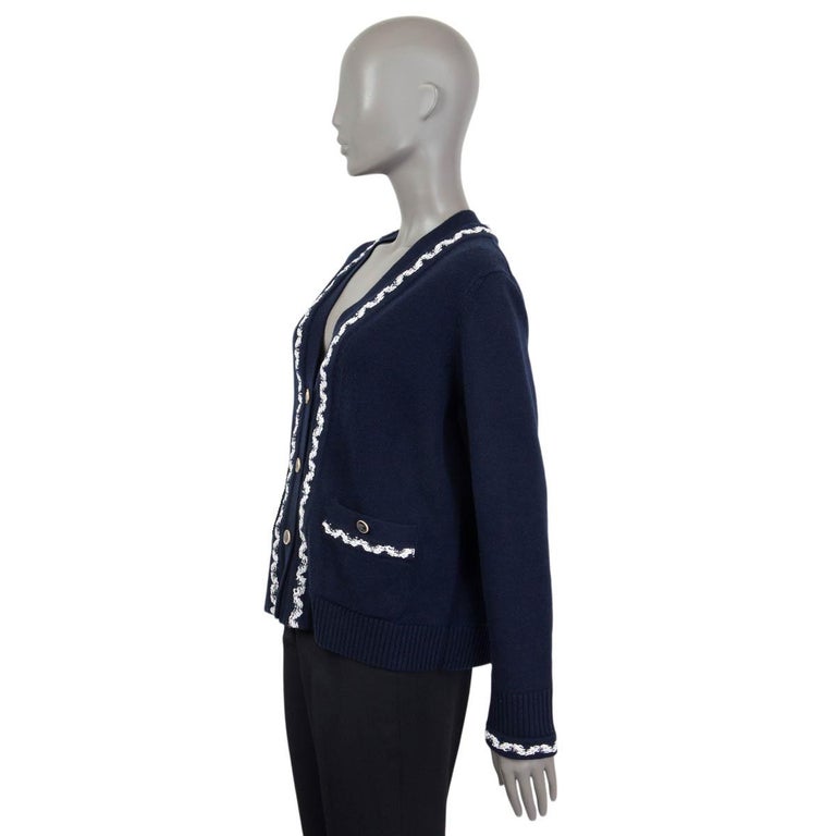 CHANEL blue and white cashmere 2021 Cardigan Sweater 44 XL 21P at 1stDibs
