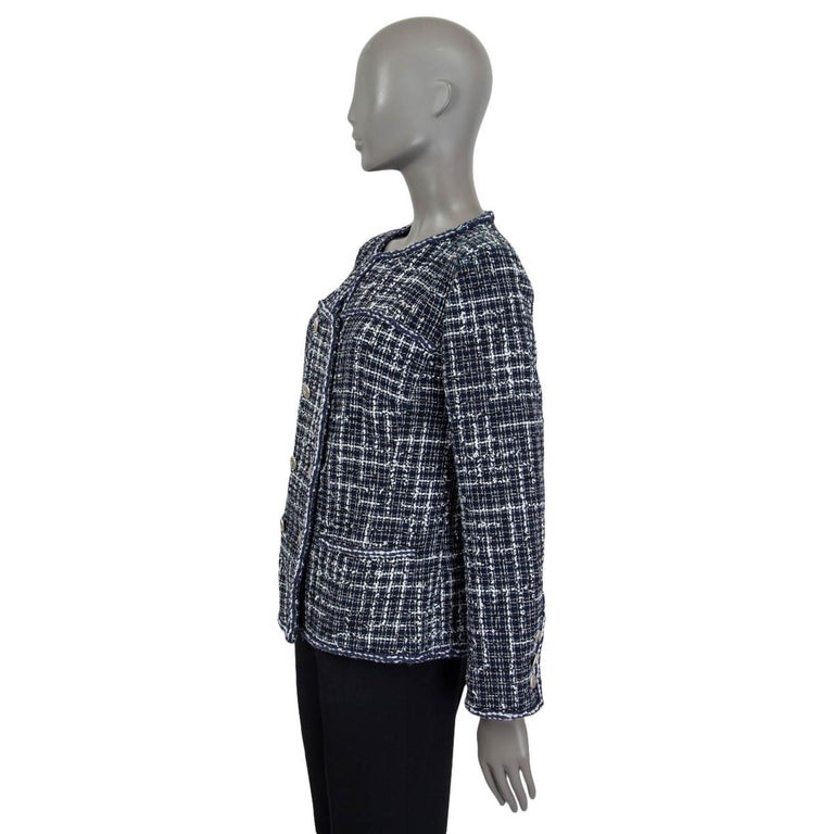 CHANEL blue white cotton 2014 DOUBLE BREASTED TWEED Blazer Jacket M For ...
