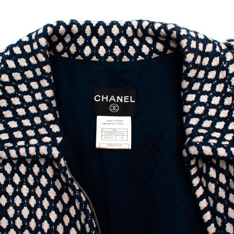 Chanel Blue and White Woven Tweed Classic Coat - Size US6 For Sale at ...