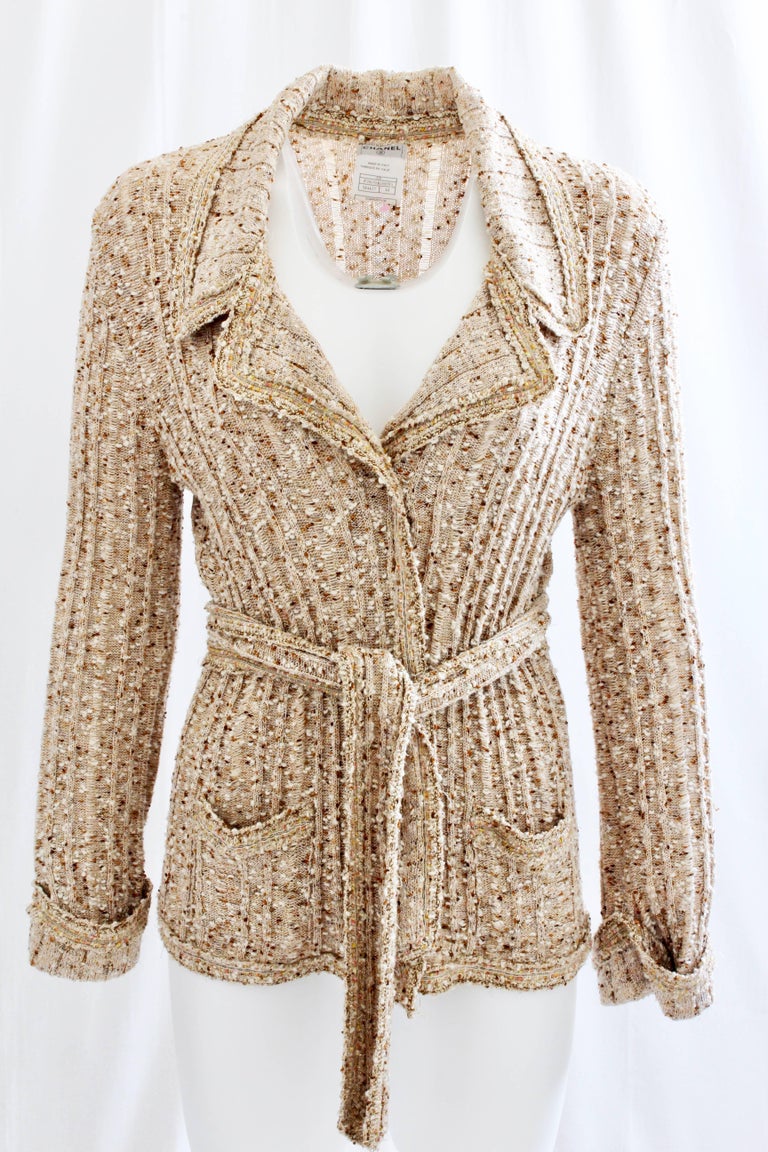 Chanel Boucle Knit Cardigan Sweater with Belt Oatmeal Tan 06P ...