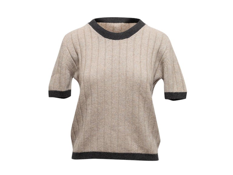 Chanel Boutique Beige and Charcoal Rib Knit Top For Sale at 1stDibs