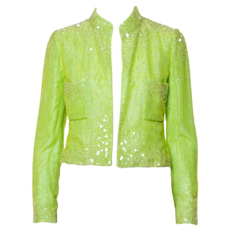 Chanel Boutique Lime Green Sequin Embellished Velvet Open Front Cropped ...