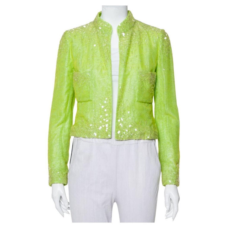 Chanel Boutique Lime Green Sequin Embellished Velvet Open Front Cropped ...