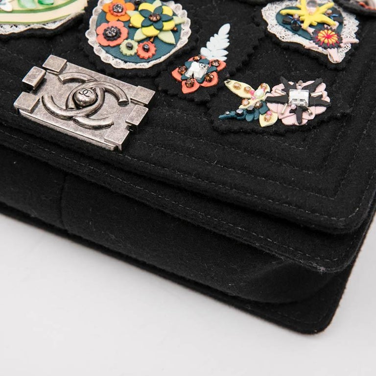 Chanel "Boy" Bag in Black Boiled Wool with Embroidered Patches at ...