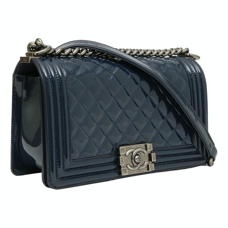 Chanel boy blue navy patent leather shoulder bag at 1stDibs