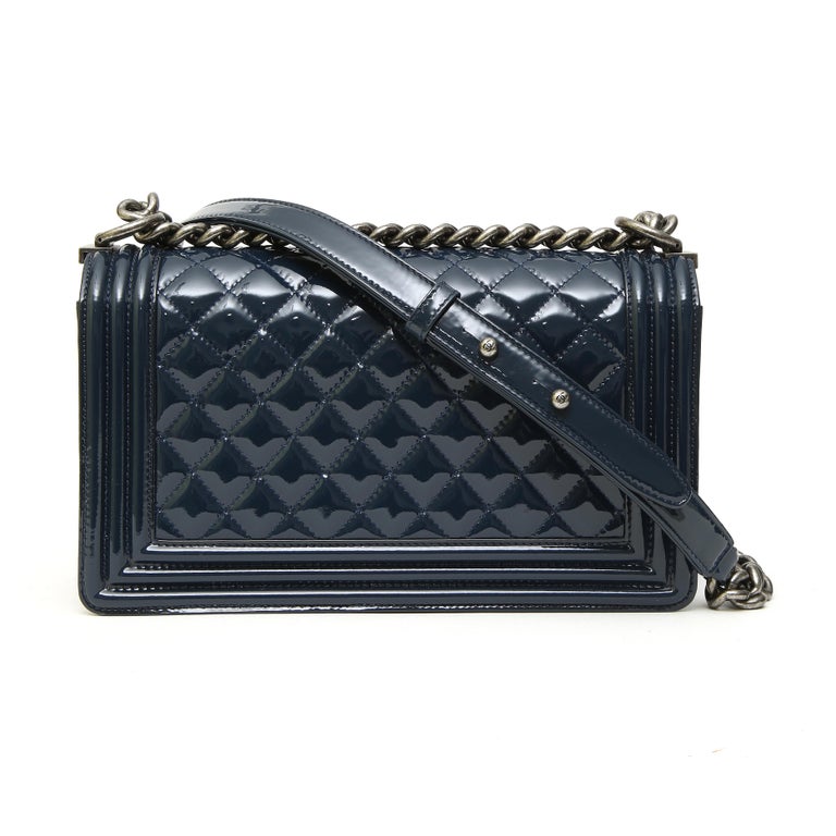 Chanel boy blue navy patent leather shoulder bag at 1stDibs