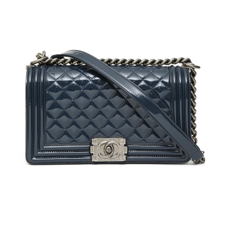Chanel boy blue navy patent leather shoulder bag at 1stDibs
