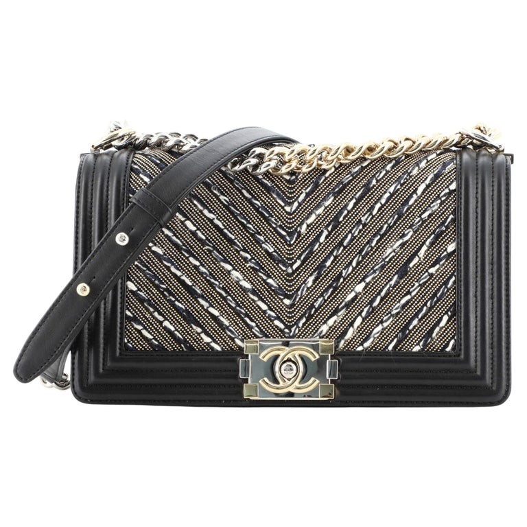 Chanel Boy Flap Bag Studded Chevron Calfskin with Tweed Old Medium For ...