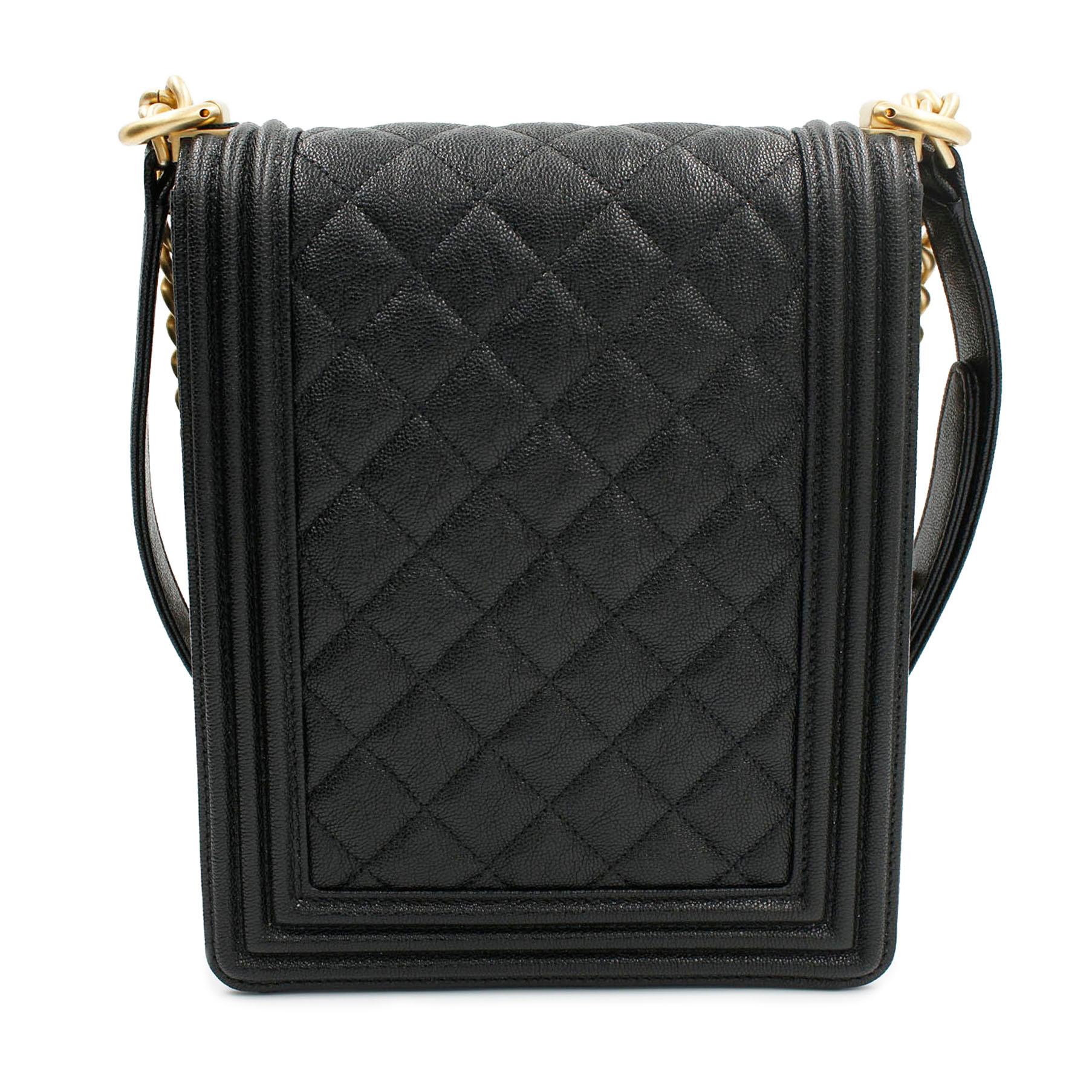 Chanel Boy Handbag Grained Calfskin Gold Tone Black Leather Flap Bag at ...