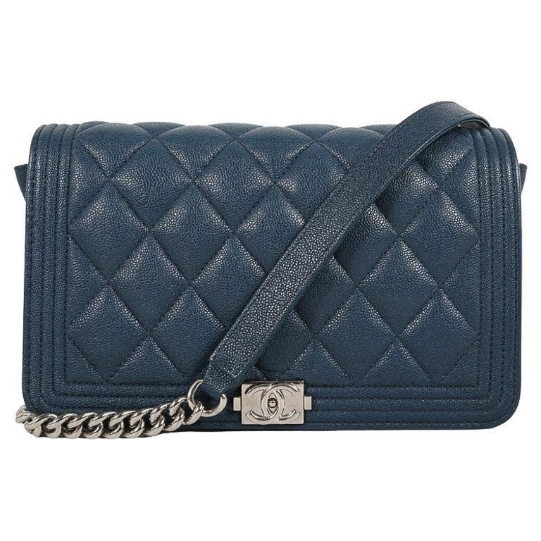 CHANEL BOY WALLET ON CHAIN - Blue Caviar Leather For Sale at 1stDibs