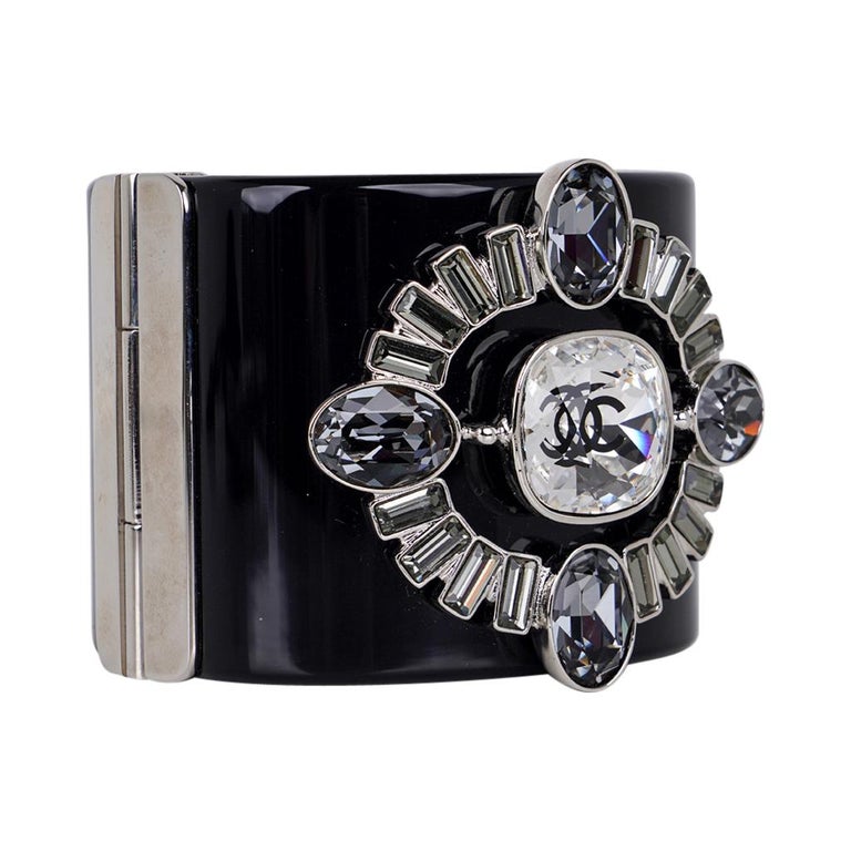 Chanel Strass Crystal Jeweled Cuff Black Resin Bracelet New w/Box For ...