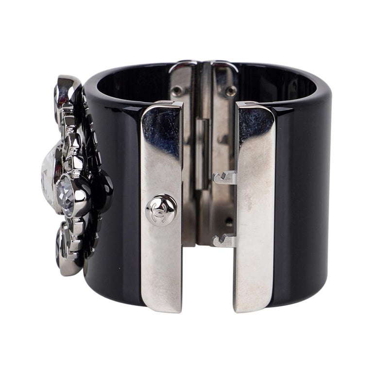 Chanel Strass Crystal Jeweled Cuff Black Resin Bracelet New w/Box For ...