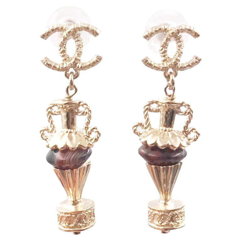 Chanel Brand New Gold CC Brown Stone Amphora Piercing Earrings For Sale ...