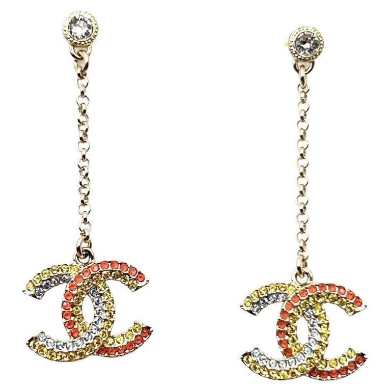 Chanel Brand New Gold Rainbow Pink Blue Yellow Long Dangle Piercing ...