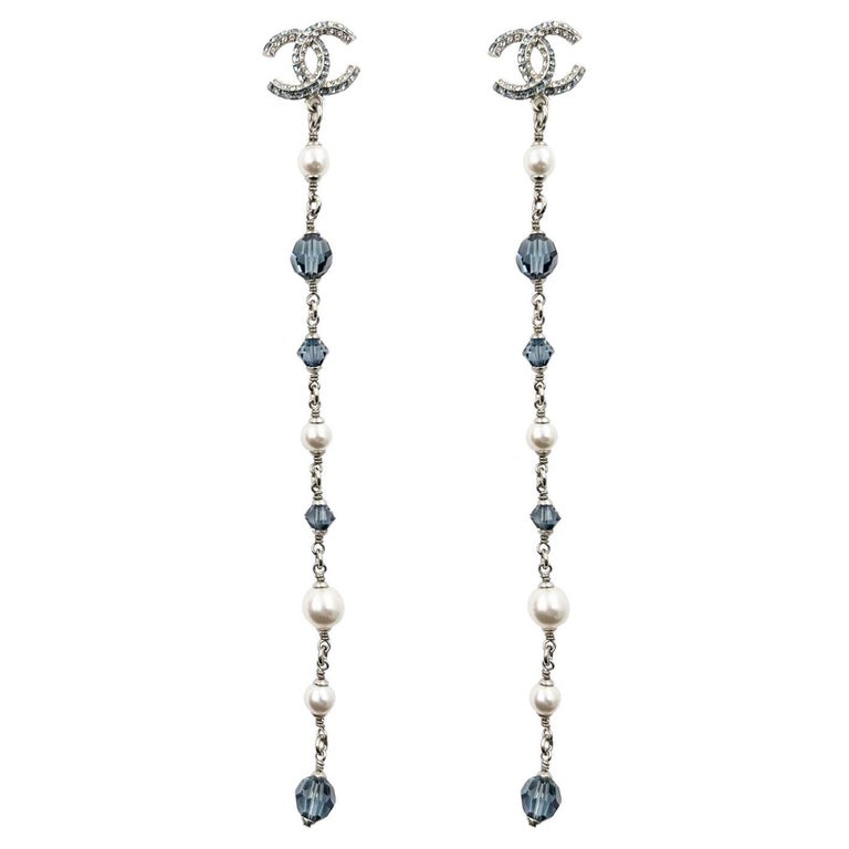 Chanel Brand New Silver CC Blue Princess Crystal Pearl Super Long ...
