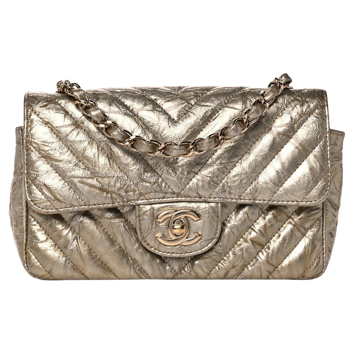 CHANEL Bronze Gold Calfskin Patent Chevron Leather Gold Shoulder Flap ...