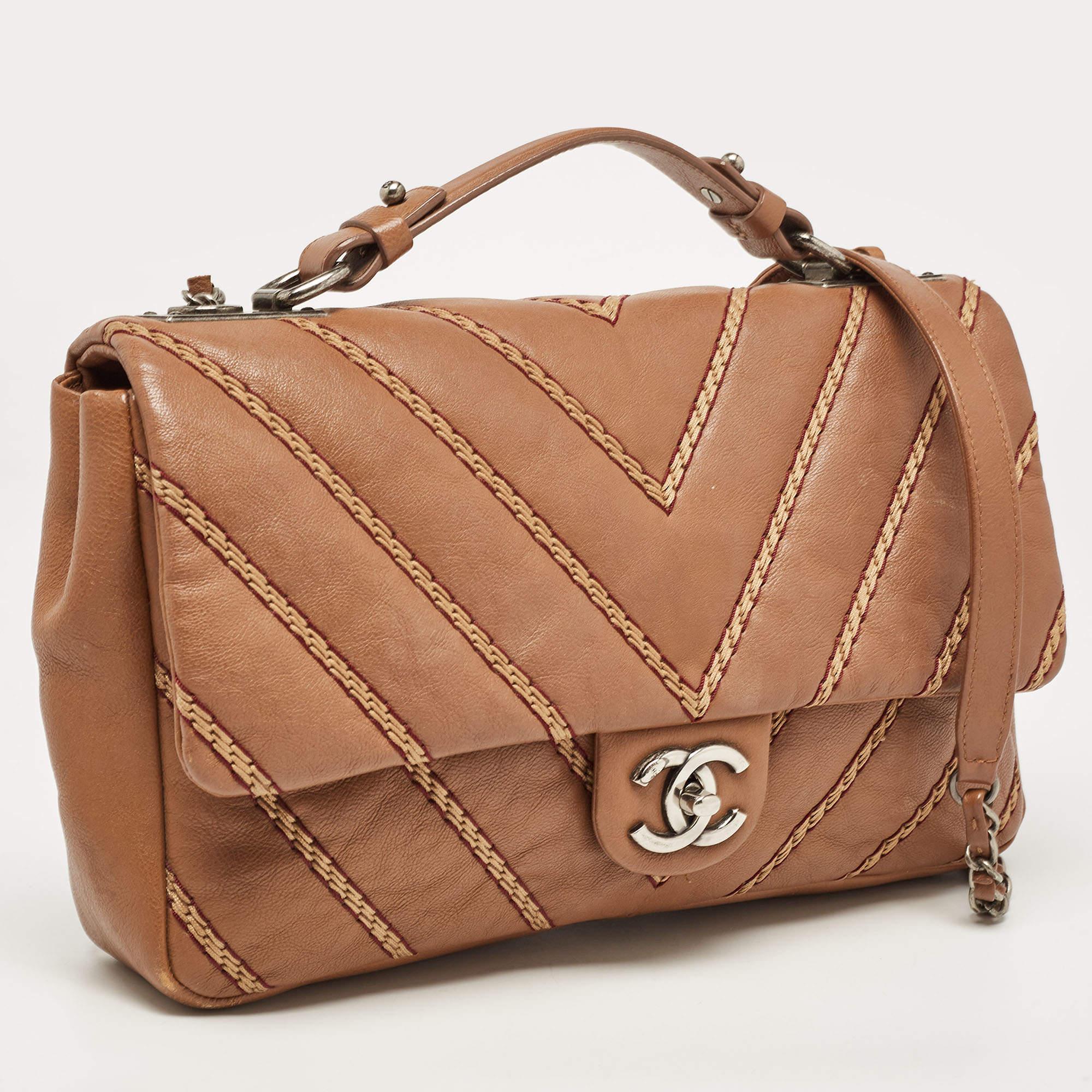 Chanel Brown Chevron Stitched Leather Classic Top Handle Bag For Sale ...
