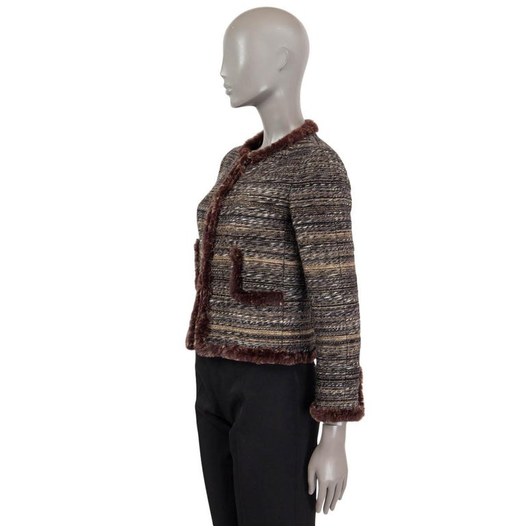 CHANEL brown grey 2005 05A RABBIT FUR TRIM TWEED Jacket S For Sale at ...