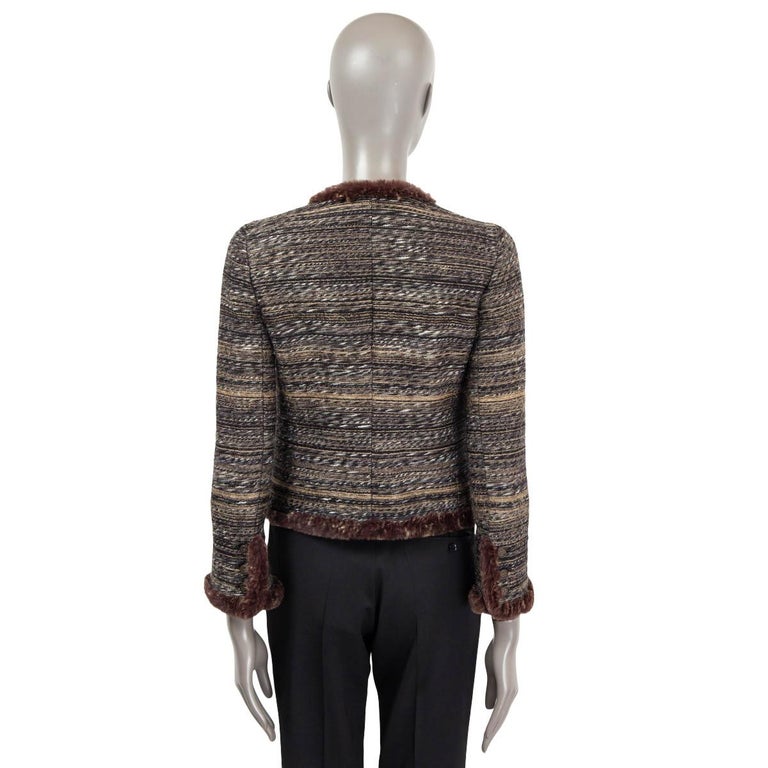 CHANEL brown grey 2005 05A RABBIT FUR TRIM TWEED Jacket S For Sale at ...
