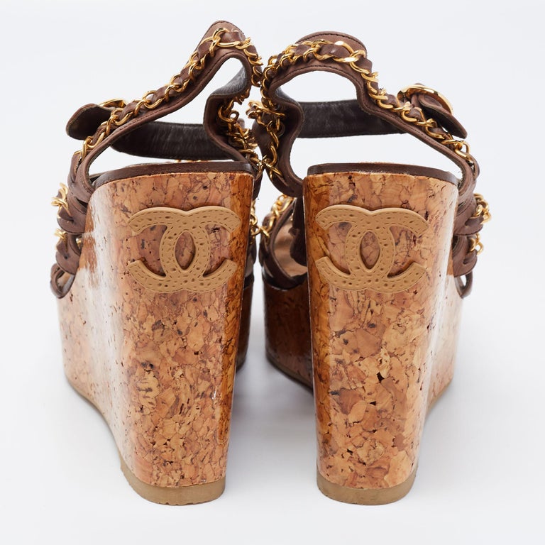 Chanel Brown Leather CC Chain Link Straps Cork Platform Wedges Sandals ...