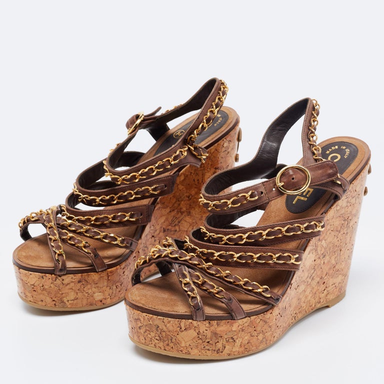 Chanel Brown Leather CC Chain Link Straps Cork Platform Wedges Sandals ...