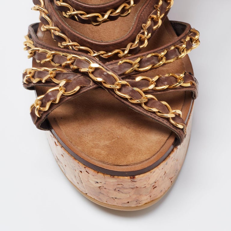 Chanel Brown Leather CC Chain Link Straps Cork Platform Wedges Sandals ...