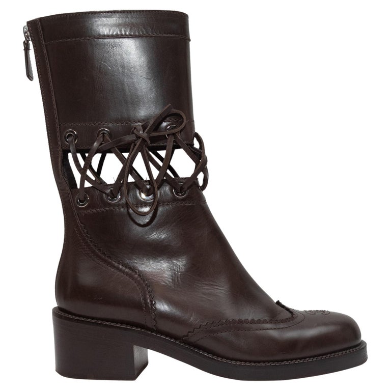 Chanel Brown Leather Cutout Mid-Calf Combat Boots For Sale at 1stDibs
