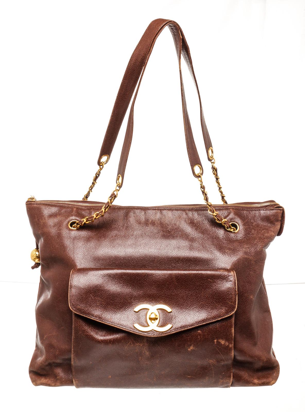 Chanel Brown Leather Large CC Chain Shoulder Bag For Sale at 1stDibs ...