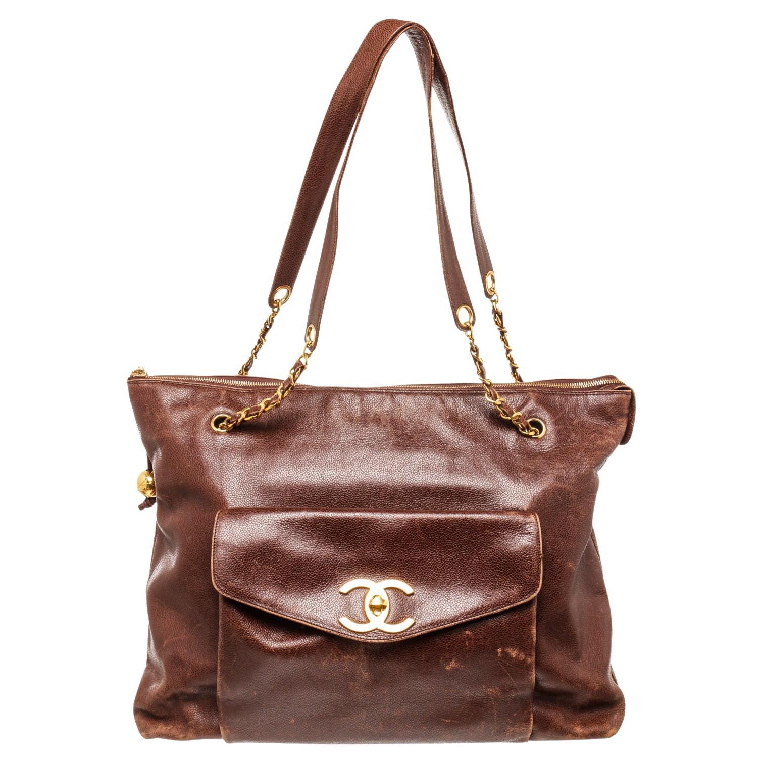 Chanel Brown Leather Large CC Chain Shoulder Bag For Sale at 1stDibs ...