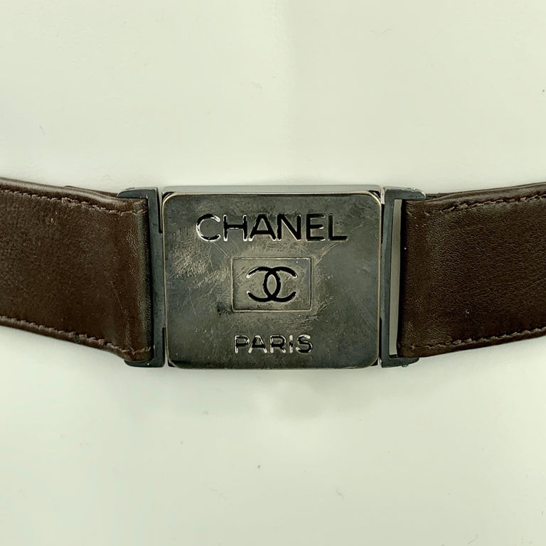 CHANEL Brown leather Silver CC Buckle '96 Belt at 1stDibs