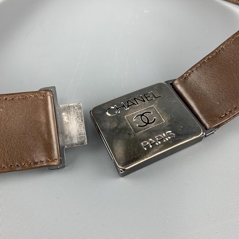 CHANEL Brown leather Silver CC Buckle '96 Belt at 1stDibs